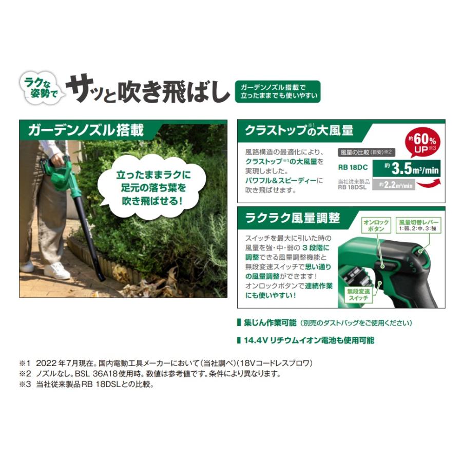 HiKOKI 代引き不可 工機 18V/14.4V コードレスブロワ RB18DC(BCL) 2.0Ah蓄電池＋充電器付 : ハンズコテラ ...