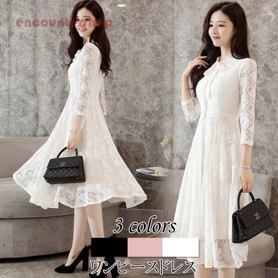 ワンピース レディース マキシワンピース 結婚式 白 豪華なレースワンピース シースルー リボン襟 マキシ丈ワンピース 長袖 ロング マキシ ...