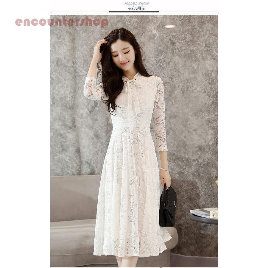 ワンピース レディース マキシワンピース 結婚式 白 豪華なレースワンピース シースルー リボン襟 マキシ丈ワンピース 長袖 ロング マキシ ...