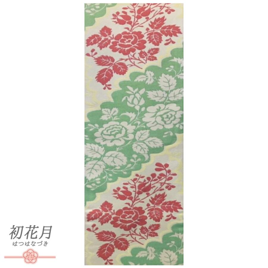 半幅帯 浴衣帯 ゆかた帯 正絹 桐生織 クリーム色 オフホワイト 赤 朱色 緑 黄色 花 牡丹 縞 波 雲 和柄 リバーシブル お洒落 新 No.10-5671 : はつはなづき - 通販 ...