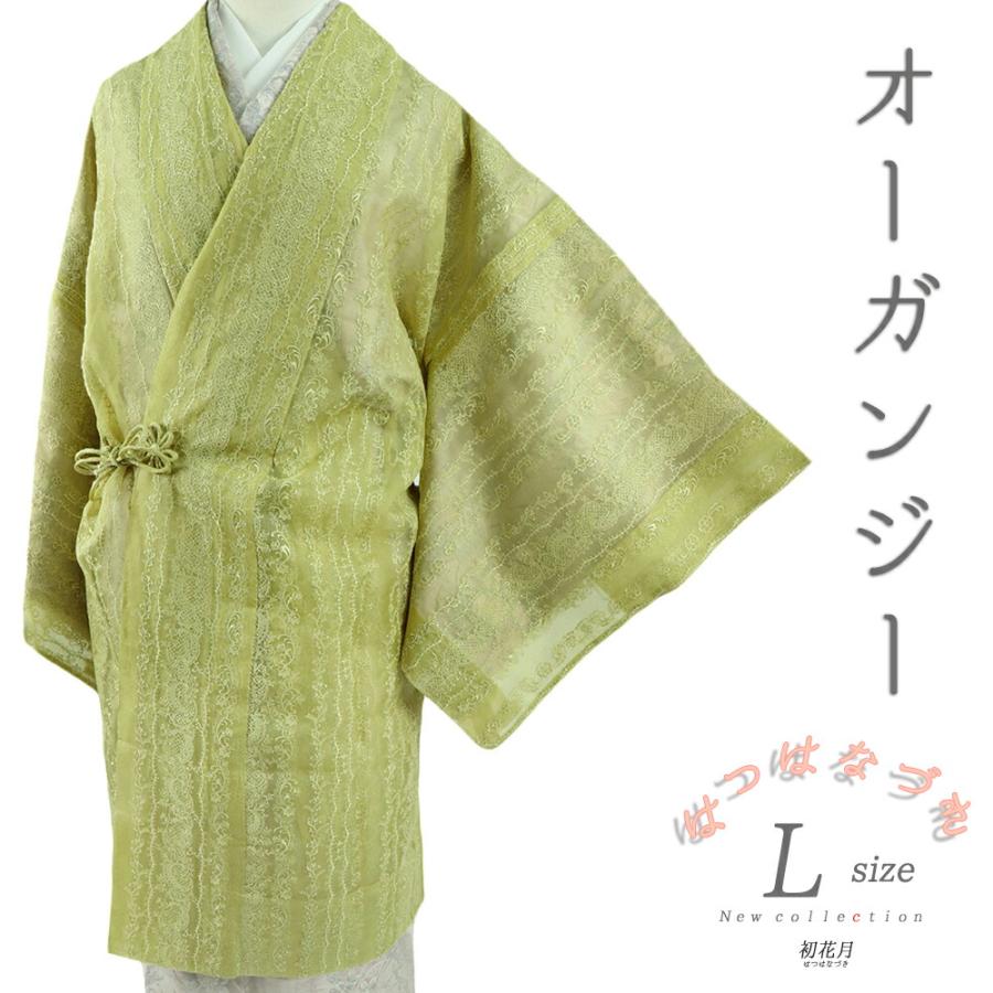 道中着 レース オーガンジー 藍染 限定品 ロング 長い 長羽織 紋紗 正絹 スリーシーズン 黄緑 花 唐草 身丈107cm 裄70cm M Lサイズ 仕立て上がり No.3-0385 ...