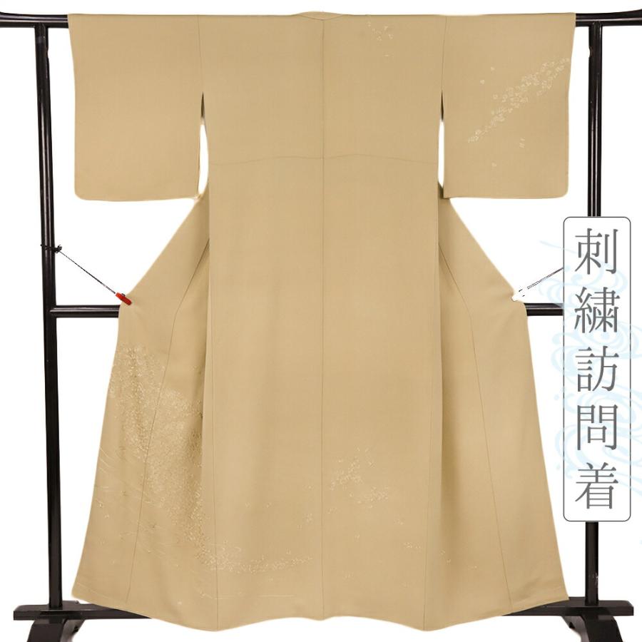 訪問着 中古 リサイクル 七五三 正絹 刺繍 ベージュ 菊 流水 和装 新古品 身丈163cm 裄66cm Lサイズ 手縫い 袷 上品 No.i3-0678 : i3-0678 : はつはな ...