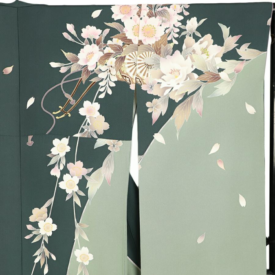 ブランド登録なし 中古 二尺袖 卒業式 着物 桜 正絹 小振袖 青緑 袴 身丈171.5cm 裄71.5cm LLサイズ 大きいサイズ 友禅染 ちりめん 謝恩会 仕立て上がり No.i3 ...