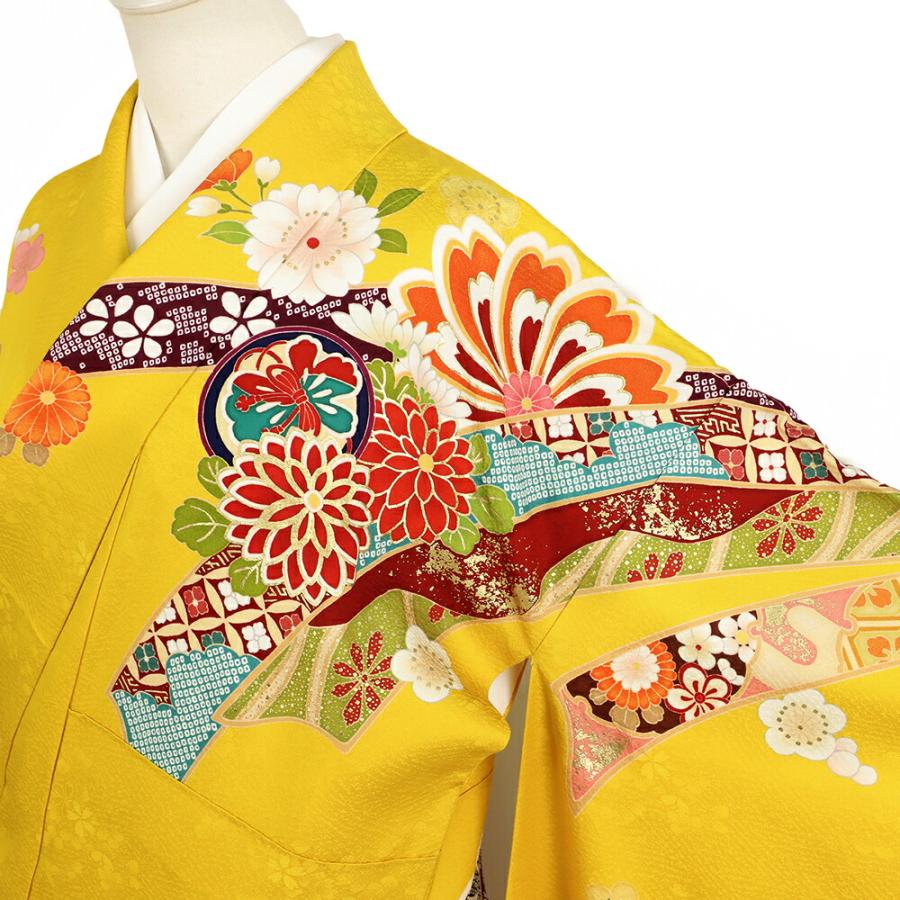 中古 振袖 成人式 リサイクル アウトレット 正絹 黄色 赤 菊 椿 桜 熨斗 青海波 刺繍 仕立て上がり 身丈169cm 裄67cm Mサイズ 金彩加工 No.i3-0804 : はつはな ...