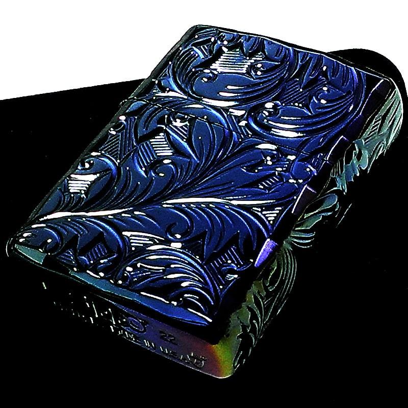 ZIPPO アーマー ダークレインボー チタン 5面立体彫刻 リーフ ジッポ ライター 唐草 深彫り 金タンク 虹色 重厚 かっこいい ...