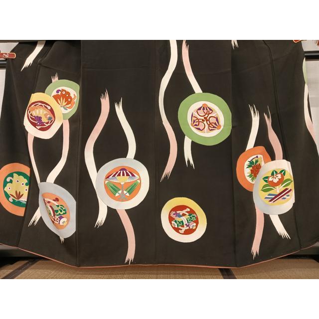 平和屋着物●アンティーク　大正ロマン　小振袖　二尺袖　花蝶丸文　黒地　正絹　逸品　AAAT0533zg 平和屋着物○アンティーク 大正ロマン 小振袖 二尺袖 花蝶丸文 黒地