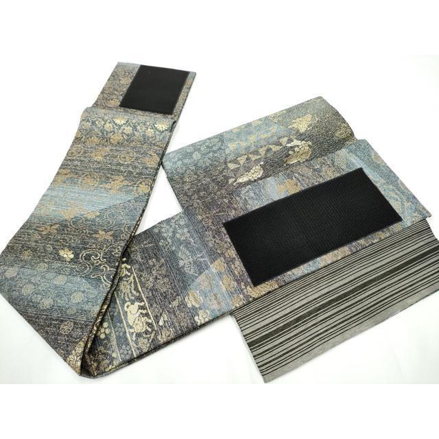 平和屋着物●ワンタッチつけ帯　撚り金紬　草花文　金糸　正絹　逸品　CAAY2656hy 平和屋着物○ワンタッチつけ帯 撚り金紬 草花文 金糸 正絹 逸品