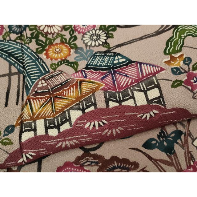 平和屋着物○上質な小紋 琉球紅型 風景草花文 鬼しぼ縮緬 正絹 逸品