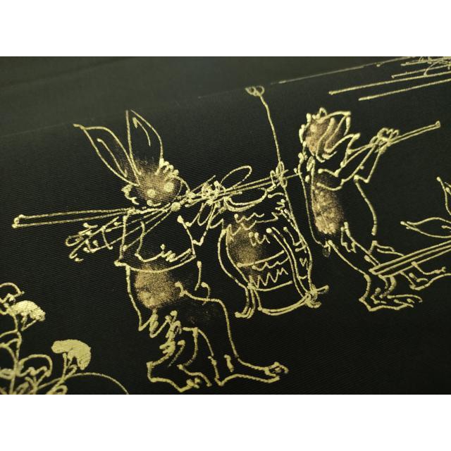 平和屋着物●塩瀬　九寸名古屋帯　手描き　鳥獣戯画　黒地　金彩　正絹　逸品　DAAY1173ps 平和屋着物○塩瀬 九寸名古屋帯 手描き 鳥獣戯画 黒地 金彩 正絹 逸品