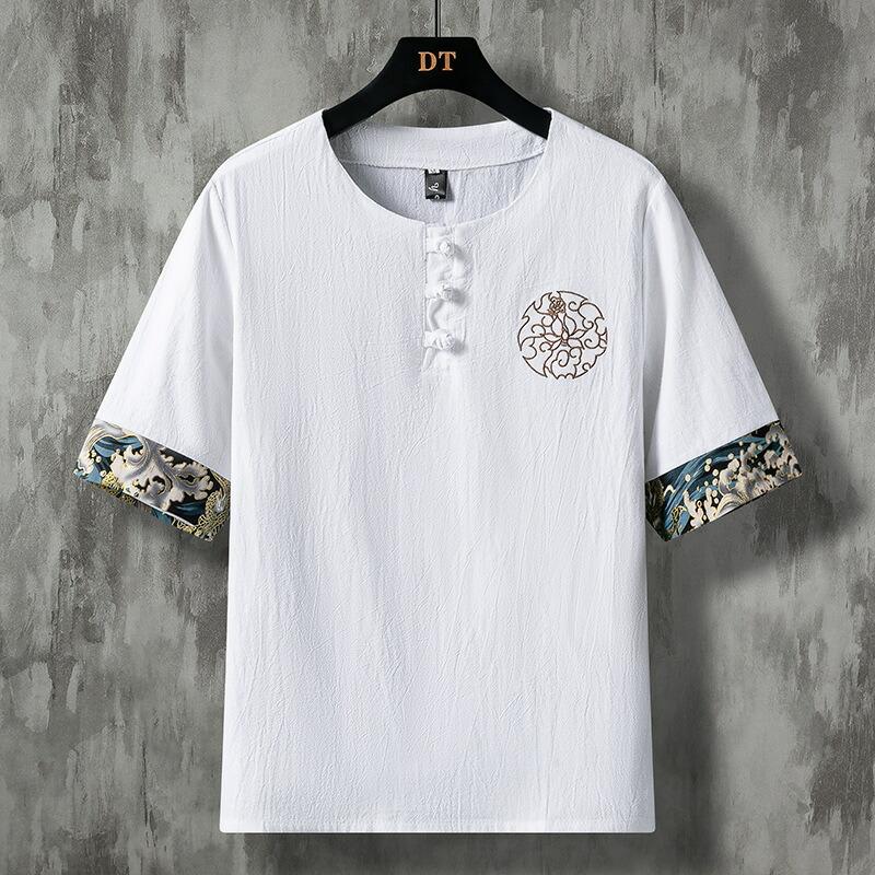 Tシャツ メンズ 半袖 綿麻風 チャイナボタン クルーネック 大きいサイズ 涼感 蒸れない リラックス カジュアル レトロ アジアン ...