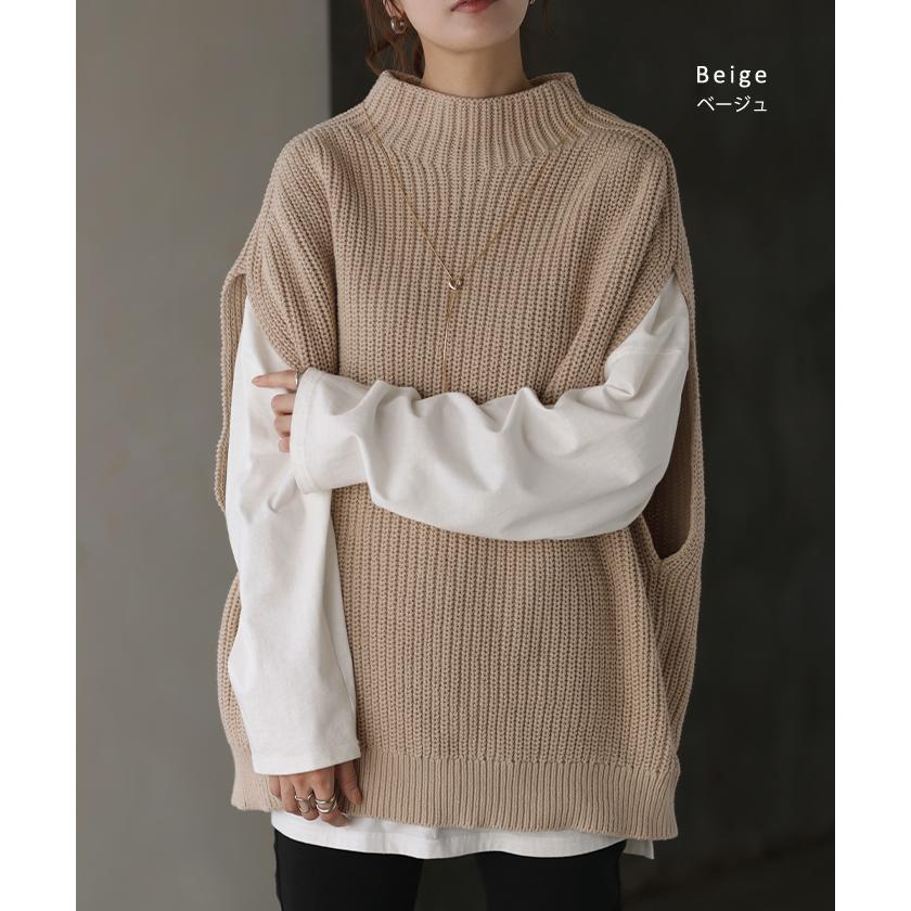 ベスト ニット 体型カバー レディース トップス レイヤード ニットベスト セーター ハイネック ロング チュニック ジレ タートル タートルニット 半袖 : f036 : HUG.U(ハグ ...