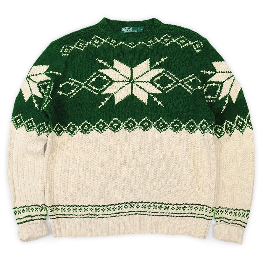ポロラルフローレン POLO RALPH LAUREN 90's コットンリネンニット HAND KNIT ノルディック柄 PRL (-1051) グリーン×ベージュ L : Hi-smile ...