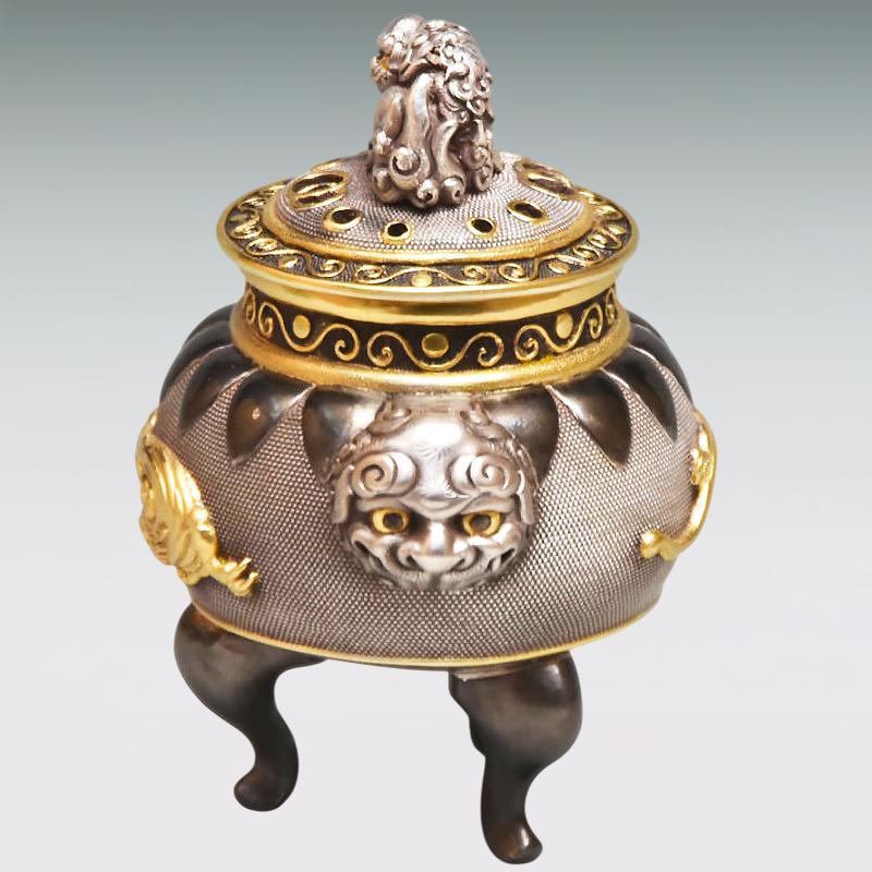 獅子龍香炉 高さ8.5cm｜釘谷洞石：原型制作｜銀製・彩色仕上げ : HIKARI GALLERYヤフー店 - 通販 - Yahoo!ショッピング