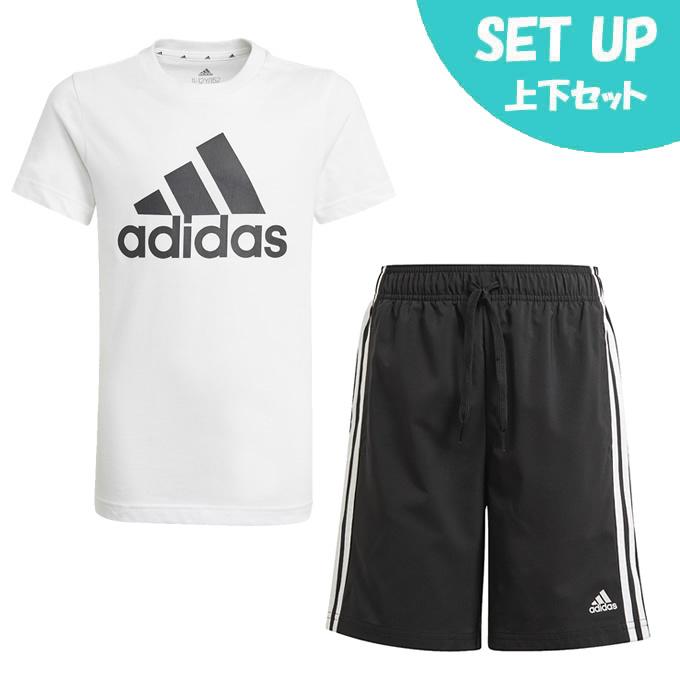 アディダス 半袖Tシャツ ハーフパンツ セット ジュニア B ESS BL Tシャツ+エッセンシャル 3ストライプ ウーブンショーツ ...
