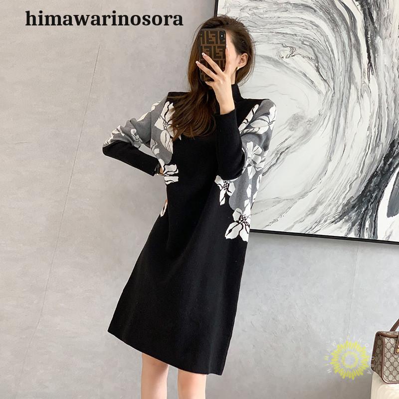ニット ニットワンピース 花柄ワンピース ひざ丈ワンピース 黒白 配色 : hms240312-amcur190 : 向日葵の空 - 通販 ...