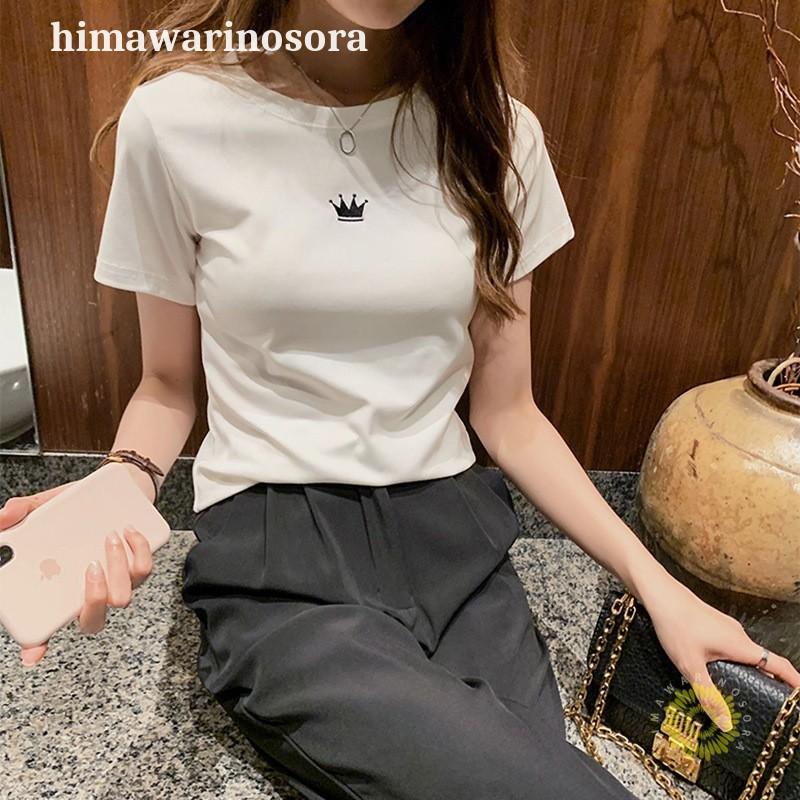 Tシャツ 半袖 ラウンド襟 刺しゅう 王冠 無地 シンプル カラバリ レディース トップス : hms240312-amcur492 ...
