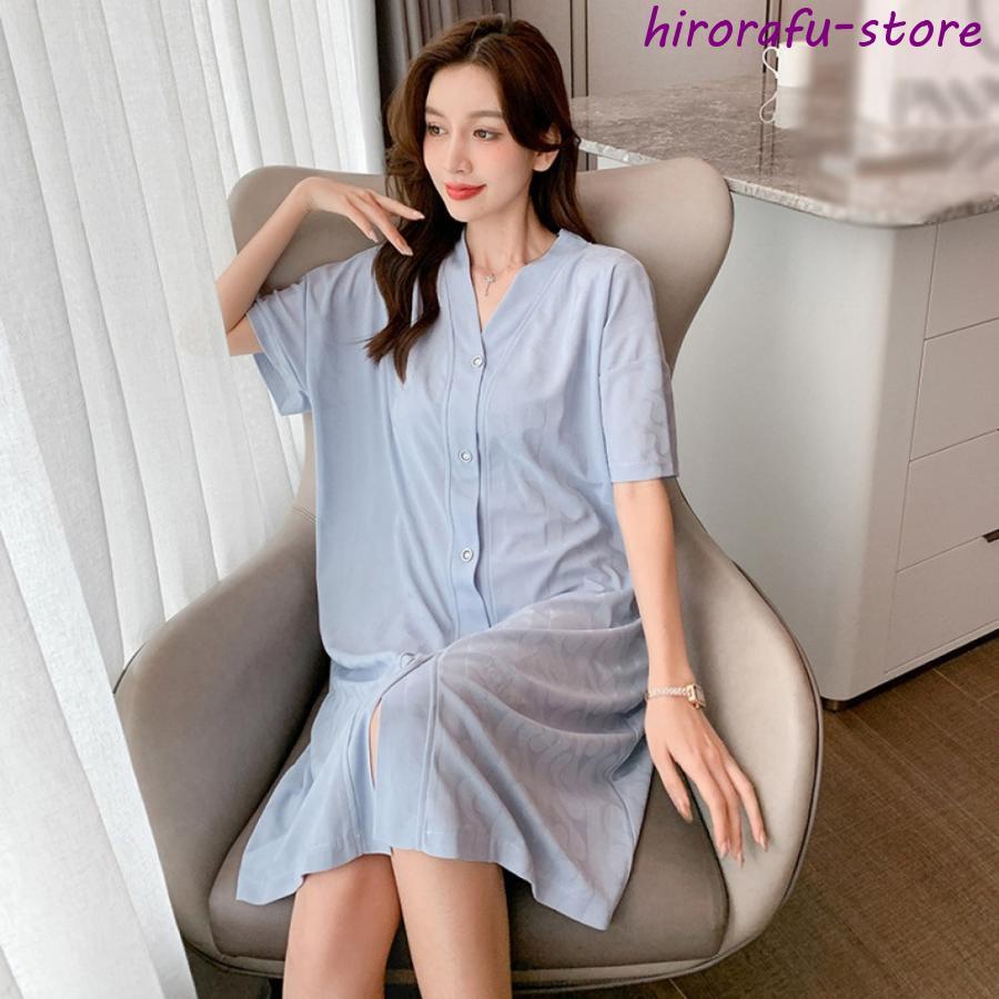 ネグリジェ 前開き レディース 半袖 パジャマ ワンピース 無印 ロング丈 可愛い ルームウェア 無地 やわらル 無地 入院 産前 産後 マタニティ プレゼント 薄手 : y0825 ...