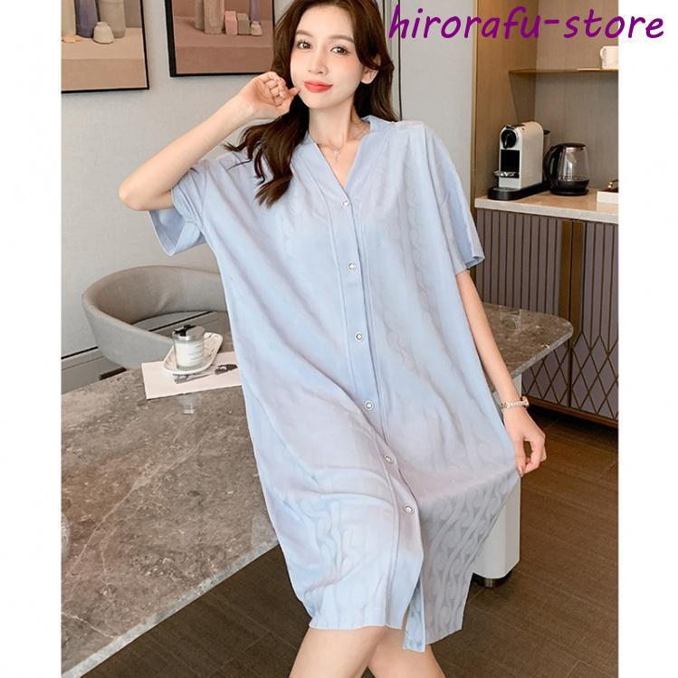 ネグリジェ 前開き レディース 半袖 パジャマ ワンピース 無印 ロング丈 可愛い ルームウェア 無地 やわらル 無地 入院 産前 産後 マタニティ プレゼント 薄手 : y0825 ...