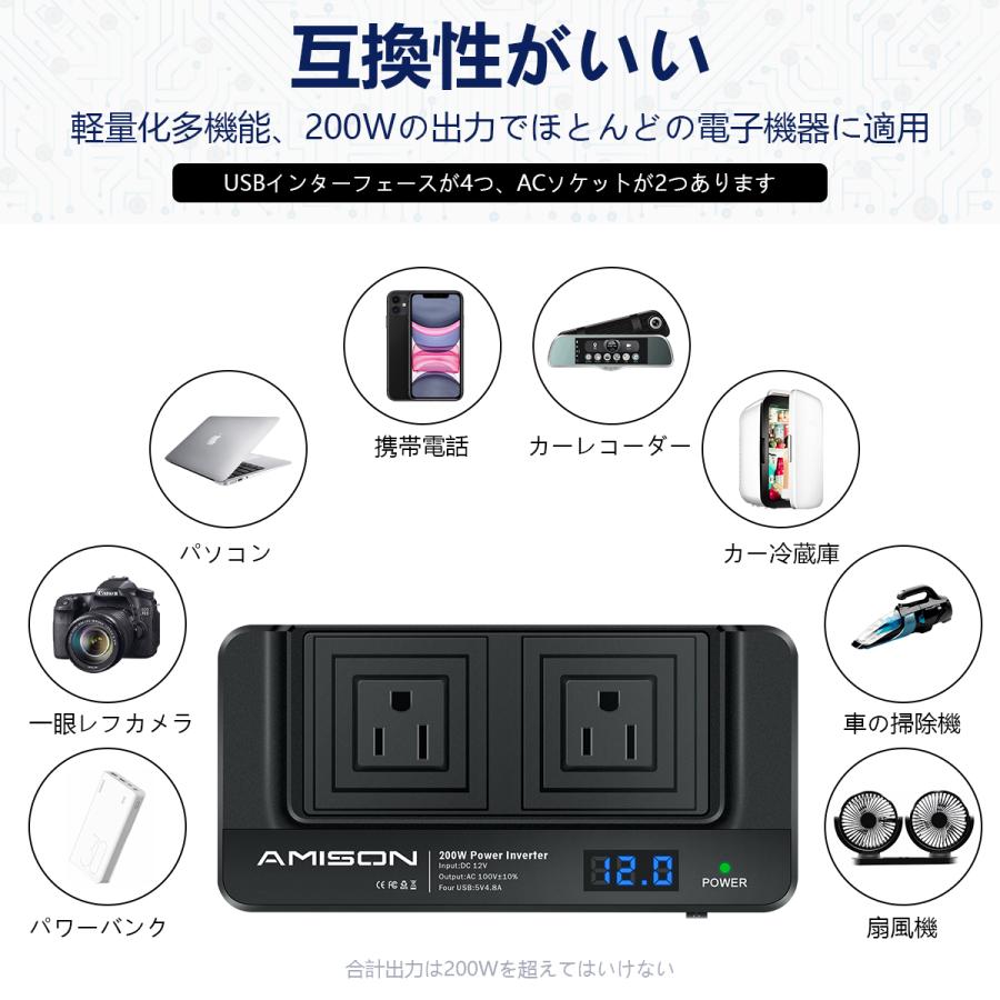 Amison インバーター 200W シガーソケットコンセント カーコンバーター DC12V /AC 100Vに変換 車載用インバーター ACコンセント2口 USB 4ポート : 日和 ...