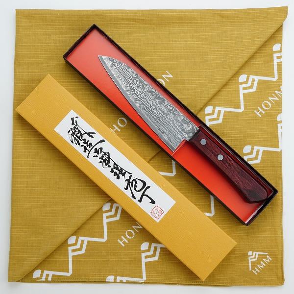 風呂敷付き 中三徳包丁 両刃 145mm 粉末ハイスR2 割込み ステンレス ダマスカス模様 赤合板柄 プレゼント 退職祝い 誕生日 ...