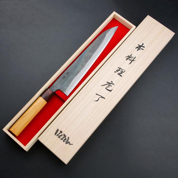 元兼 和牛刀 240mm 両刃 青紙1号 割込み 黒打ち仕上げ ケヤキ柄 木箱入り 極上品 土佐打ち刃物 : ほんまもん ヤフーショップ ...