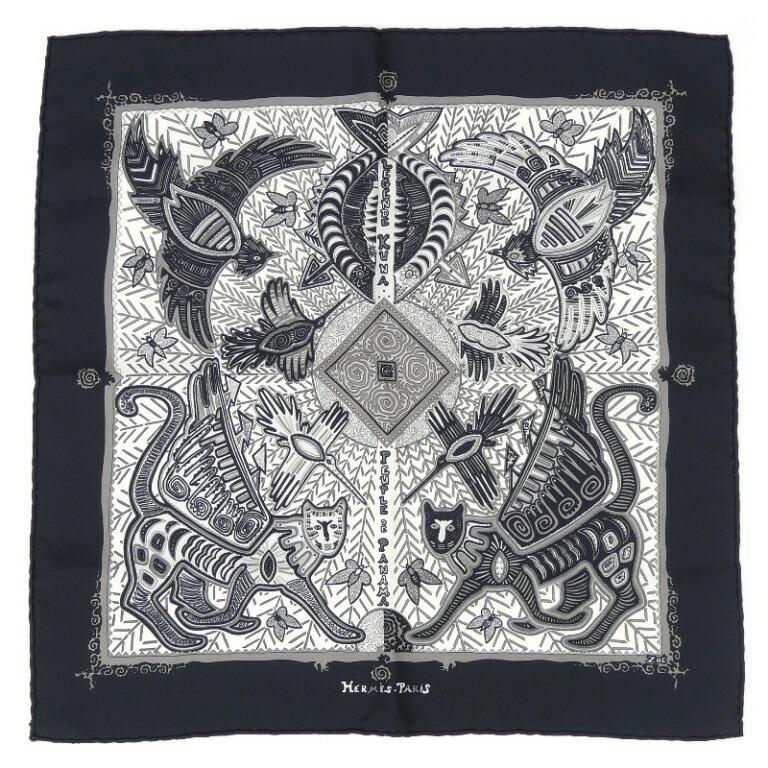 HERMES エルメス カレ40 LEGENDE KUNA PEUPLE DE PANAMA パナマのクナ族の伝説 黒 シルク100％ 【中古 ...