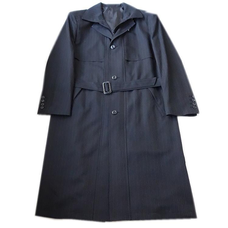 スリーシーズン春秋冬物 DropHead/ドロップヘッド スーツ地 ベルト付 ストライプ柄 ロングコート スーツ対応 ブラックロングコート 黒 ...