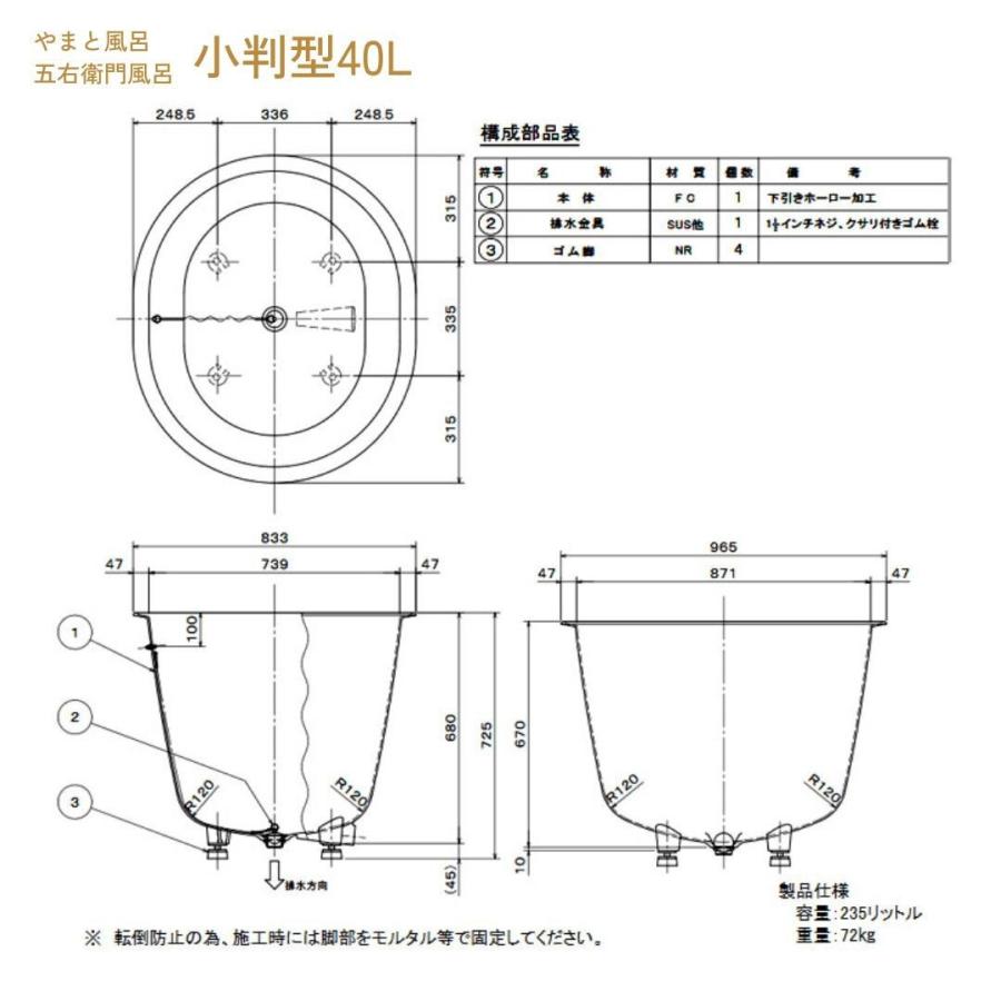 大和重工 五右衛門風呂 小判型40-F 235L 給湯タイプ(旧小判型40L）【メーカーからの直送 送料有料】 : ホーネストオウンズ - 通販 - Yahoo!ショッピング