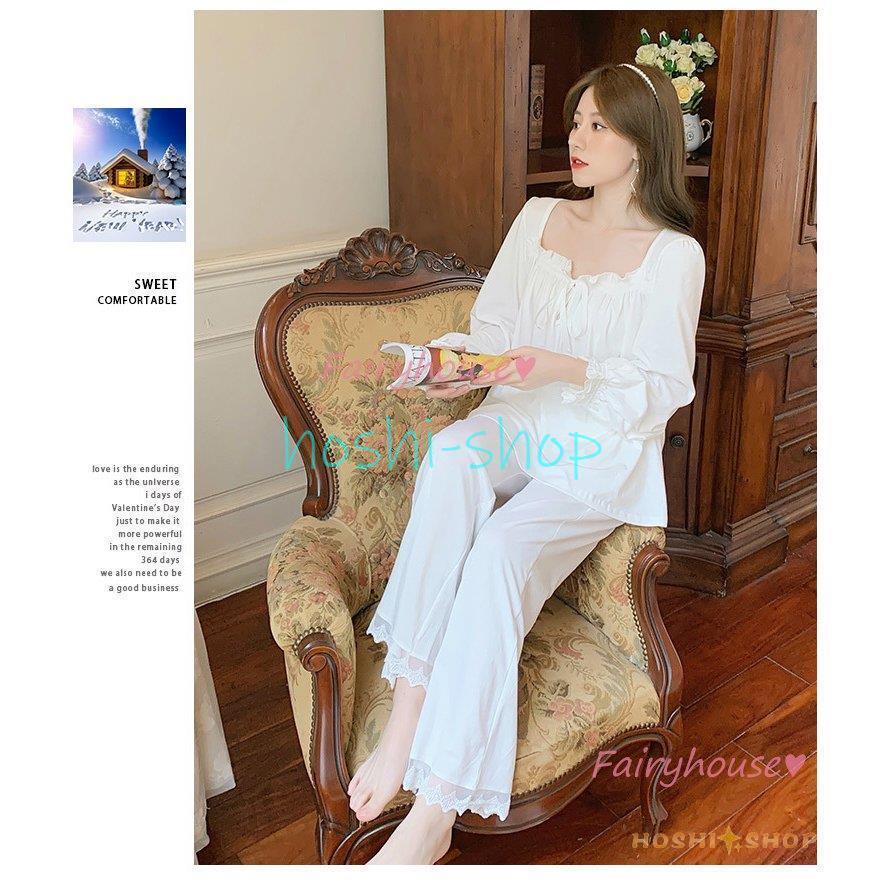 パジャマ レディース 春 秋 長袖ルームウェア 白レースパジャマ 可愛い