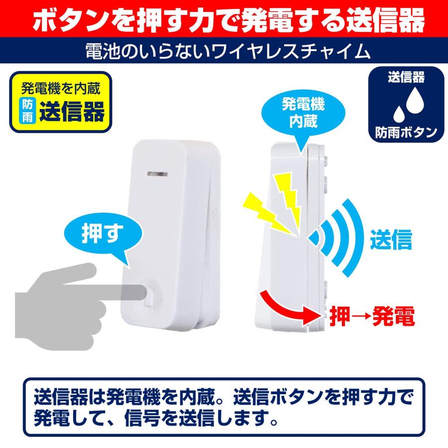エルパ (ELPA) 電池を使わない ワイヤレスチャイム 工事不要 防水 押した力で自己発電 WC-S6040AC : ホットミーティア - 通販 - Yahoo!ショッピング
