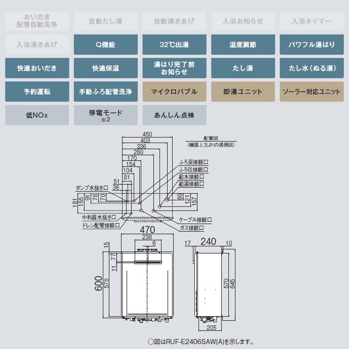 リンナイ ガスふろ給湯器【RUF-E2406SAW(A)-TS】RUF-Eシリーズ 24号 オート 耐硬水仕様 屋外壁掛型 : PHショップ ...