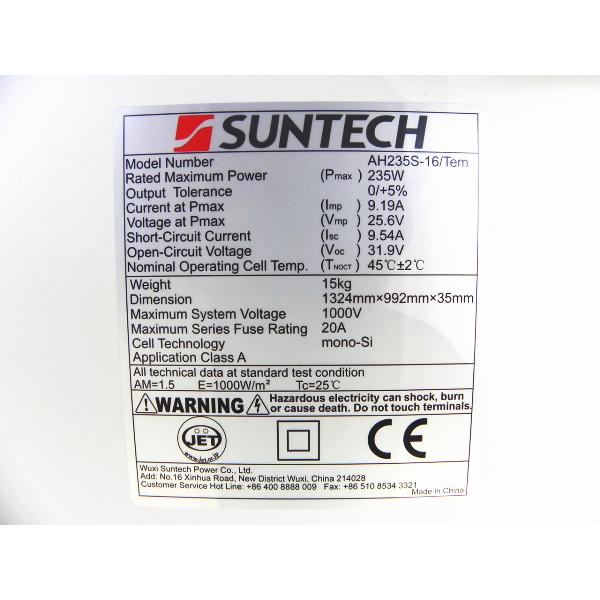 未使用品 SUNTECH/サンテック 単結晶 235W 太陽光モジュール/ソーラーパネル AH235S-16/Tem khhn3170m : HOWLING-UNITY - 通販 ...