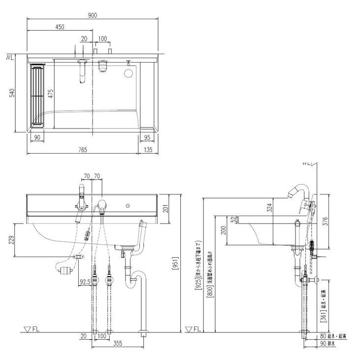 LIXIL カスタム バニティ LF-CS90-WX397SY(S) 洗面器セット 間口900mm 床排水用Sトラップ リクシル 洗面化粧台 洗面 カウンター ドレッサー W900 : i ...
