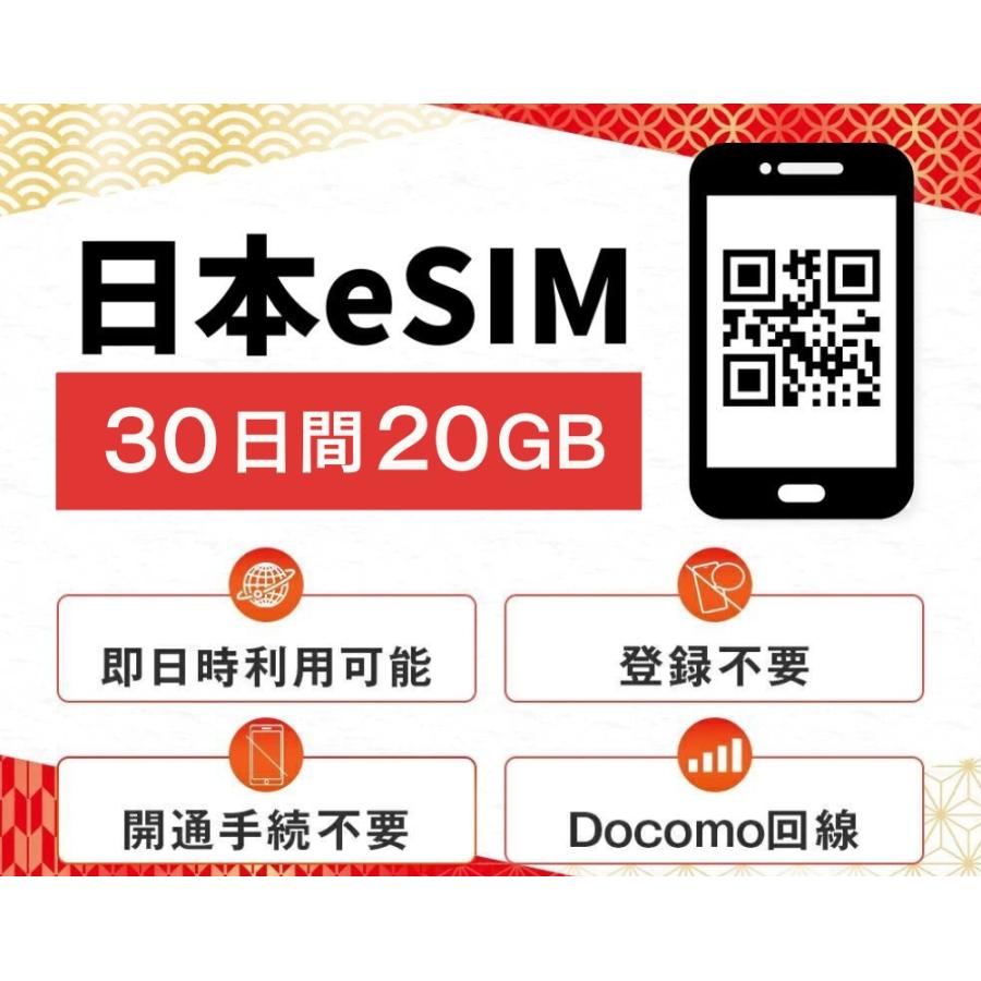 データ専用 eSIM 20GB 30日間 プリペイドeSIM Docomo ドコモ回線 即時 利用可能 快適 日本 sim Japan 20ギガ 365日24時間 QR自動送付 最速QR自動 ...