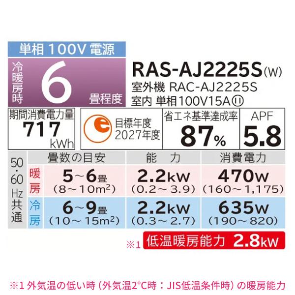 白くまくん エアコン 6畳 HITACHI 日立 2025年製 AJシリーズ 「RAS-AJ2225S」 2.2kW 100V・15A コンパクト 冷房 暖房 取付工事対応可 クーラー 新品 ...