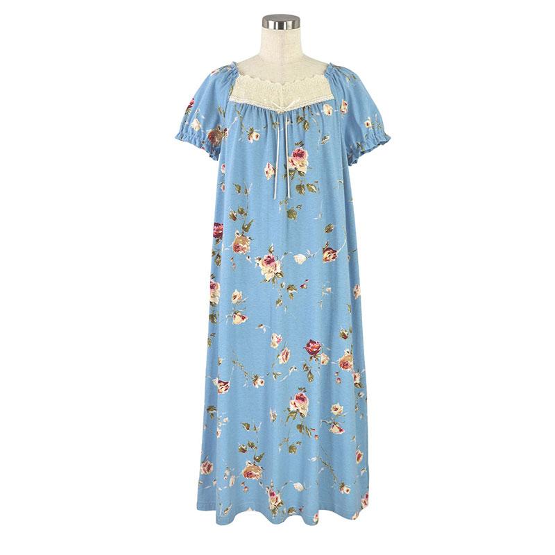 ネグリジェ レディース 【イクコ IKUKO】 SZ天竺花柄プリント フロントレースネグリジェ 日本製 コットンニット 天竺 半袖 Aライン レース リボン 吸湿速乾 : IKUKO ...