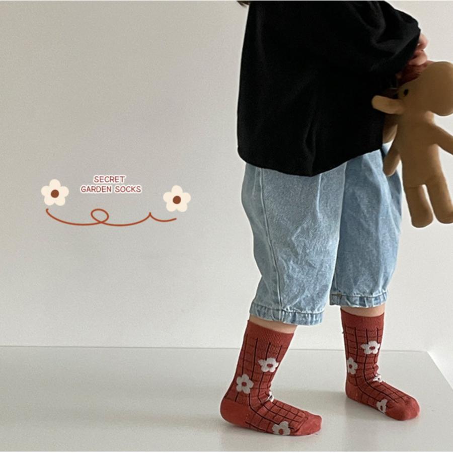 靴下 キッズ 女の子 子供用 ソックス こども 3足セット お花 ジャカードソックス くすみカラー 子供服 レトロ くつした ナチュラル 韓国 ...