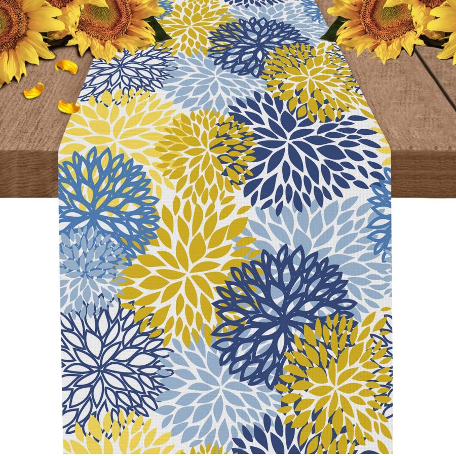 【並行輸入品】Dahlia Flowers Table Runner Linen 72 Inches Long,Floral Blue Yel ...