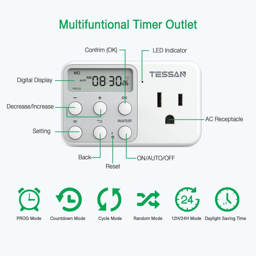 【並行輸入品】Digital Timer Outlet, TESSAN Light Plug Support 24 Hour an ...