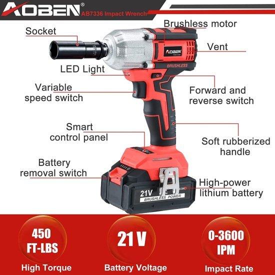 AOBEN 21V Cordless High Torque Impact Wrench 1/2 inch, Powerful Brushless Motor with Max Torque ...