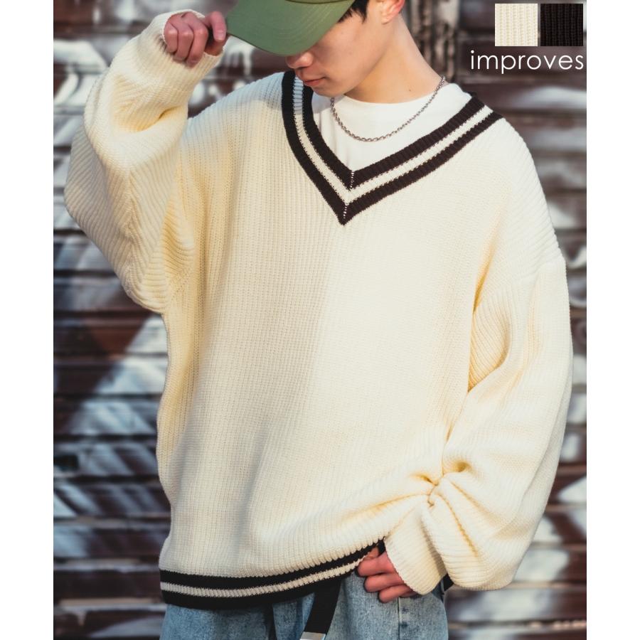 improves ニットセーター メンズ NULL ヌル チルデン Vネック ライン テニス ニット ビッグサイズ オーバーサイズ 大きめ アメカジ カジュアル ストリート 韓国 ...