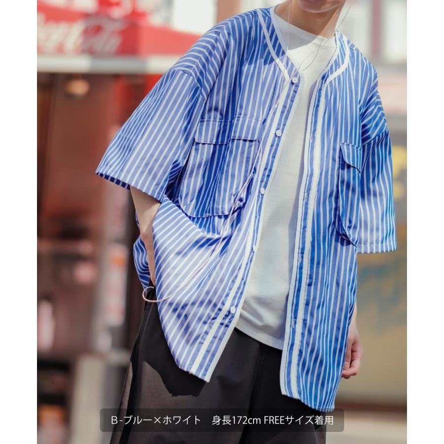 improves 半袖シャツ メンズ NULL ヌル ストライプ ベースボールシャツ ノーカラーシャツ 速乾 接触冷感 イージーケア ビッグサイズ オーバーサイズ アメカジ ストリート ...