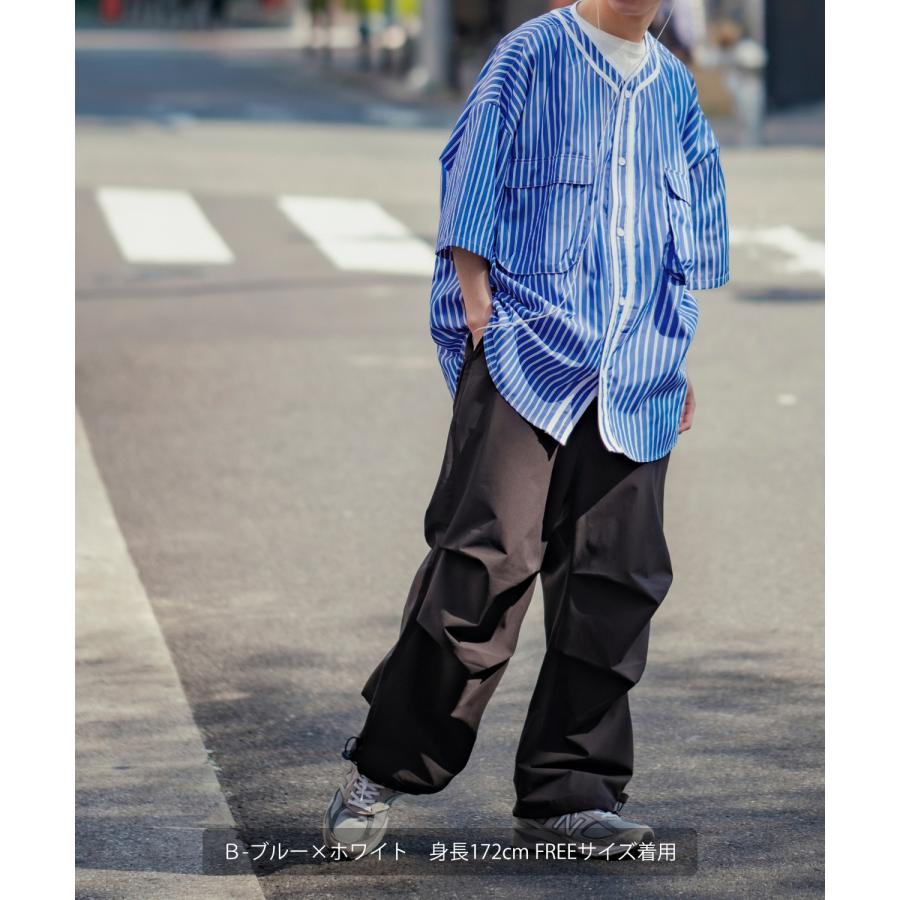 improves 半袖シャツ メンズ NULL ヌル ストライプ ベースボールシャツ ノーカラーシャツ 速乾 接触冷感 イージーケア ビッグサイズ オーバーサイズ アメカジ ストリート ...