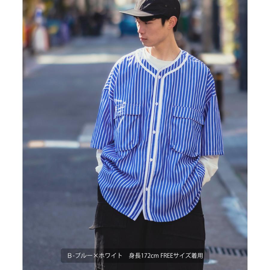 improves 半袖シャツ メンズ NULL ヌル ストライプ ベースボールシャツ ノーカラーシャツ 速乾 接触冷感 イージーケア ビッグサイズ オーバーサイズ アメカジ ストリート ...