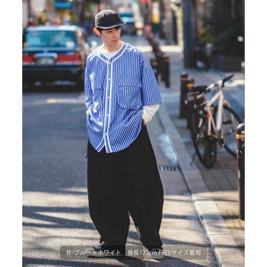 improves 半袖シャツ メンズ NULL ヌル ストライプ ベースボールシャツ ノーカラーシャツ 速乾 接触冷感 イージーケア ビッグサイズ オーバーサイズ アメカジ ストリート ...