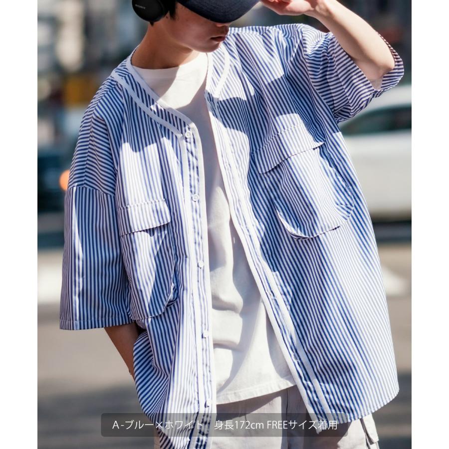 improves 半袖シャツ メンズ NULL ヌル ストライプ ベースボールシャツ ノーカラーシャツ 速乾 接触冷感 イージーケア ビッグサイズ オーバーサイズ アメカジ ストリート ...