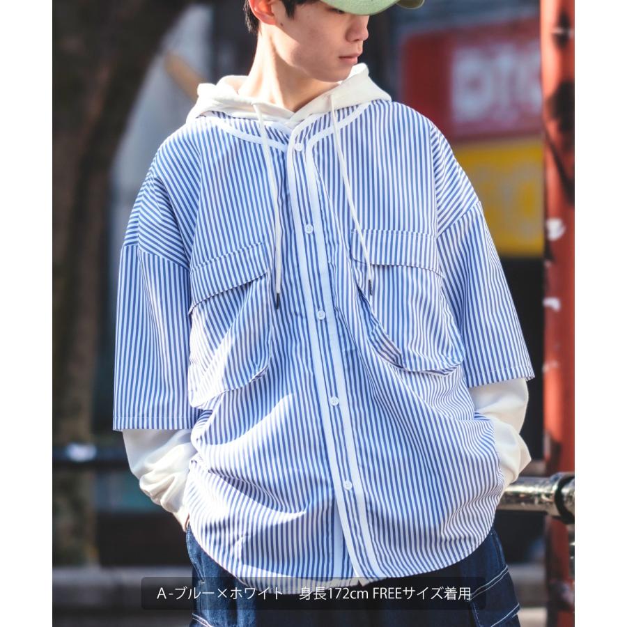 improves 半袖シャツ メンズ NULL ヌル ストライプ ベースボールシャツ ノーカラーシャツ 速乾 接触冷感 イージーケア ビッグサイズ オーバーサイズ アメカジ ストリート ...