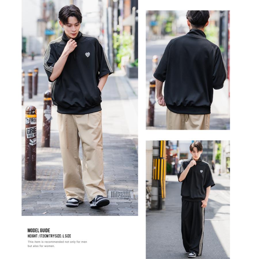 improves ジャージ メンズ レディース SIDEWAY STANCE ライン ハーフジップ ワンポイント 刺しゅう 半袖 トップス ストリート 韓国 スケーター 古着MIX レトロ ...