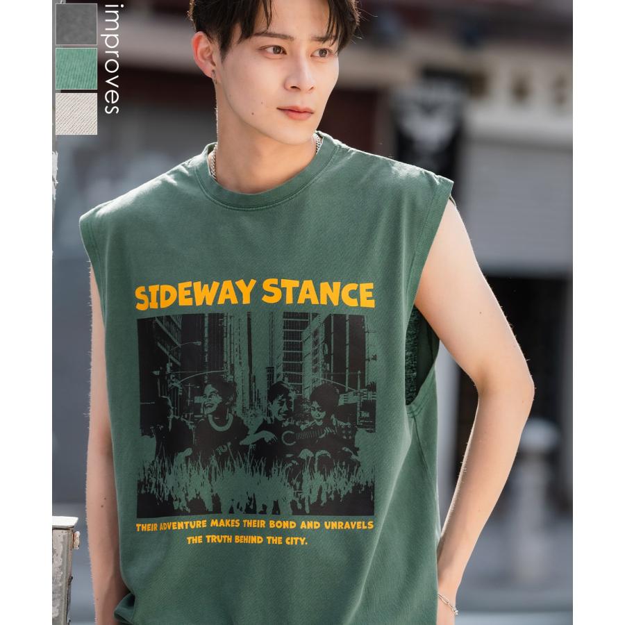 improves Tシャツ メンズ SIDEWAY STANCE サイドウェイスタンス ピグメント加工 ヴィンテージ加工 バンドプリント ノースリーブ カットソー スケーター ストリート 韓国 ...