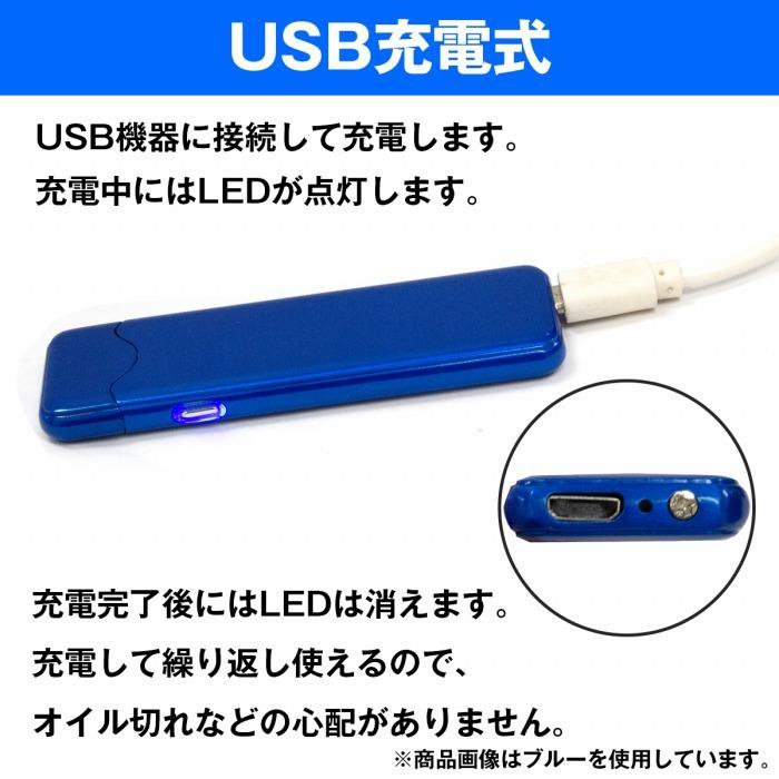 USB充電式 プラズマライター 両面着火 薄型 電子ライター 電熱線 ガス・オイル不要 カラー全3色 ダークグレー 青 赤 :10011807 ...